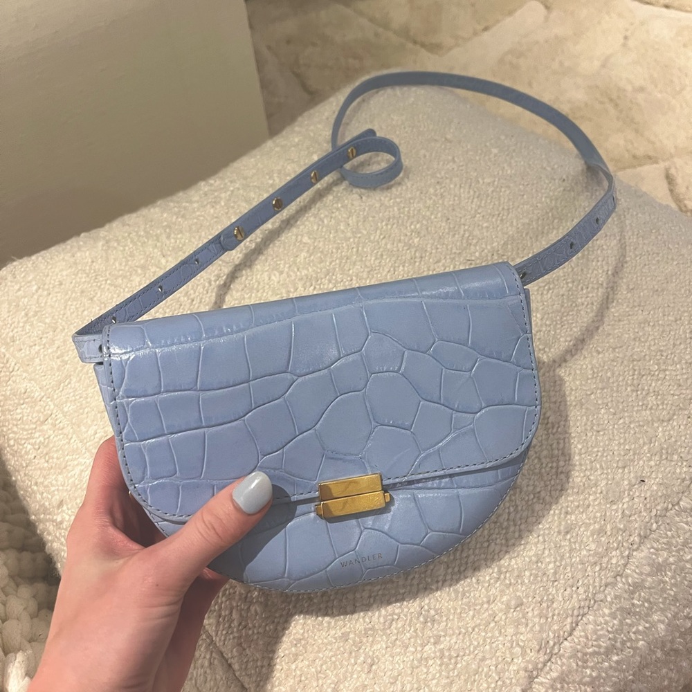 Light Blue Croc Leather Shoulder Half Moon Bag - Wand… - Gem